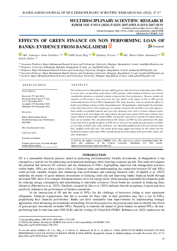 (PDF) EFFECTS OF GREEN FINANCE ON NON PERFORMING LOAN OF BANKS ...