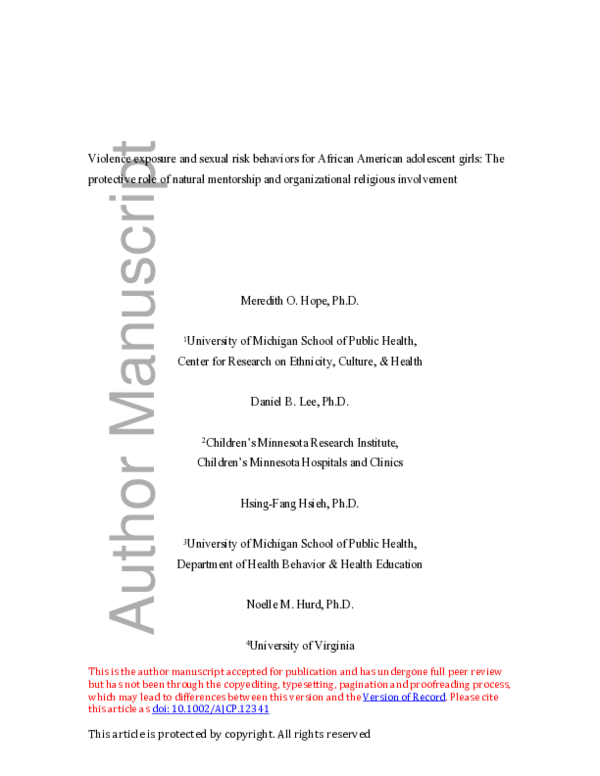 Pdf Violence Exposure And Sexual Risk Behaviors For African American 6206