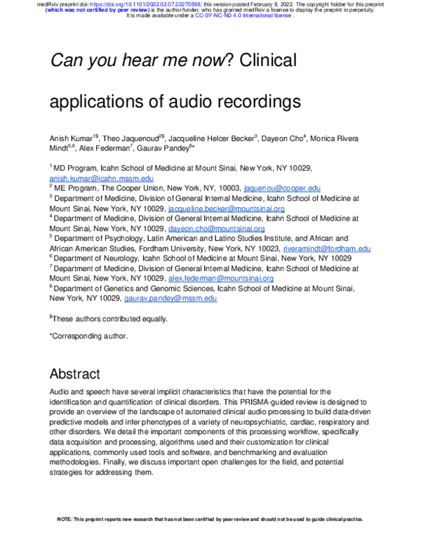 (PDF) Can you hear me now ? Clinical applications of audio recordings