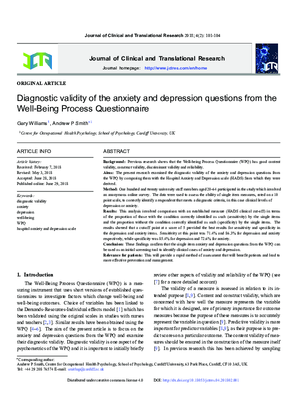 (PDF) Diagnostic validity of the anxiety and depression questions from the Well-Being Process ...