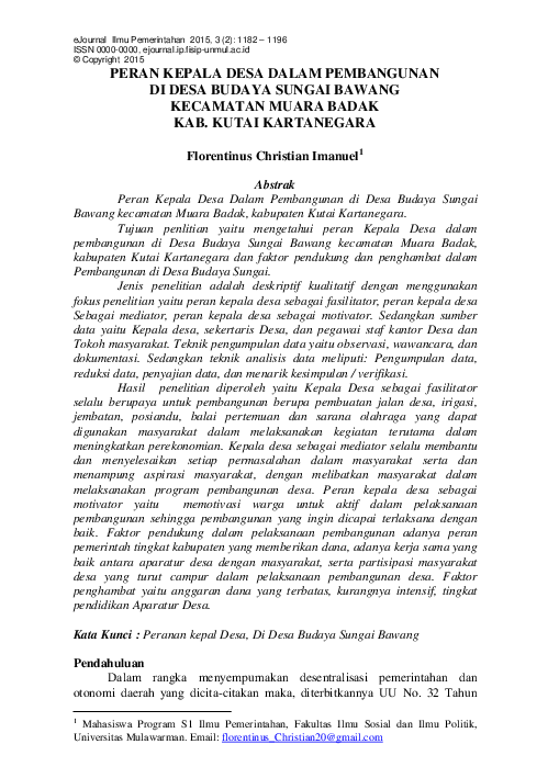 (PDF) PERAN KEPALA DESA DALAM PEMBANGUNAN DI DESA BUDAYA SUNGAI BAWANG ...