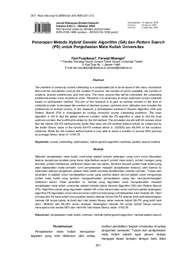 (PDF) Penerapan Metode Hybrid Genetic Algorithm (GA) dan Pattern Search (PS) untuk Penjadwalan ...
