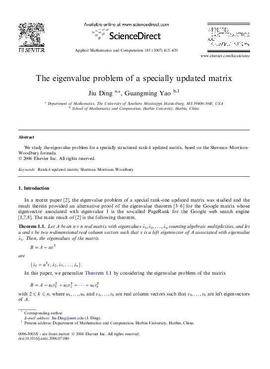 (PDF) The eigenvalue problem of a specially updated matrix
