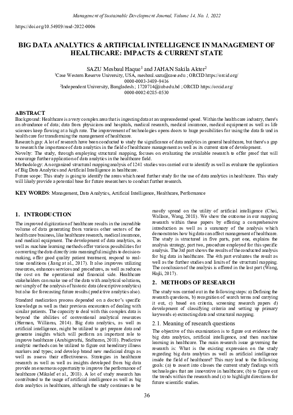 (PDF) Big Data Analytics & Artificial Intelligence in Management of Healthcare: Impacts ...