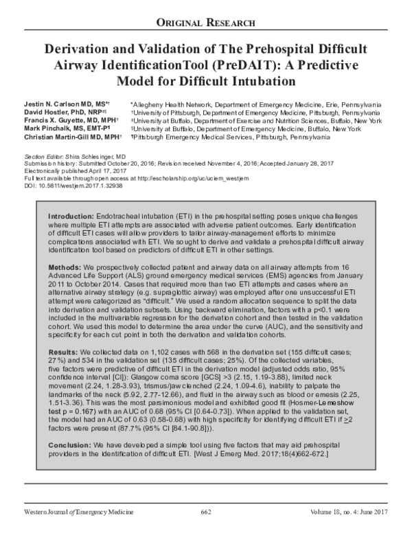 (PDF) Derivation and Validation of The Prehospital Difficult Airway ...