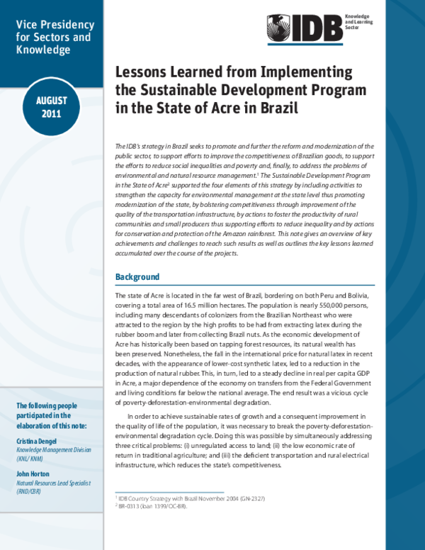 (PDF) Lessons Learned from Implementing the Sustainable Development Program in the State of Acre ...