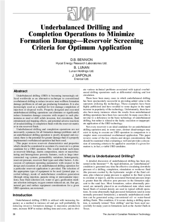 (PDF) Underbalanced Drilling And Completion Operations to Minimize Formation Damage-Reservoir ...