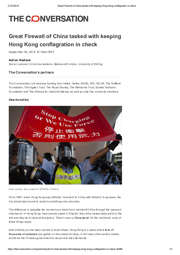(PDF) Great Firewall of China tasked with keeping Hong Kong ...
