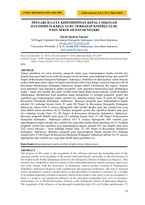 (PDF) Pengaruh Gaya Kepemimpinan Kepala Sekolah Dan Disiplin Kerja Guru Terhadap Kinerja Guru ...