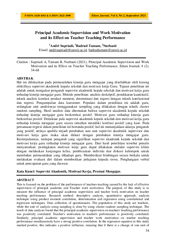 (PDF) Principal Academic Supervision and Work Motivation and its Effect on Teacher Teaching ...