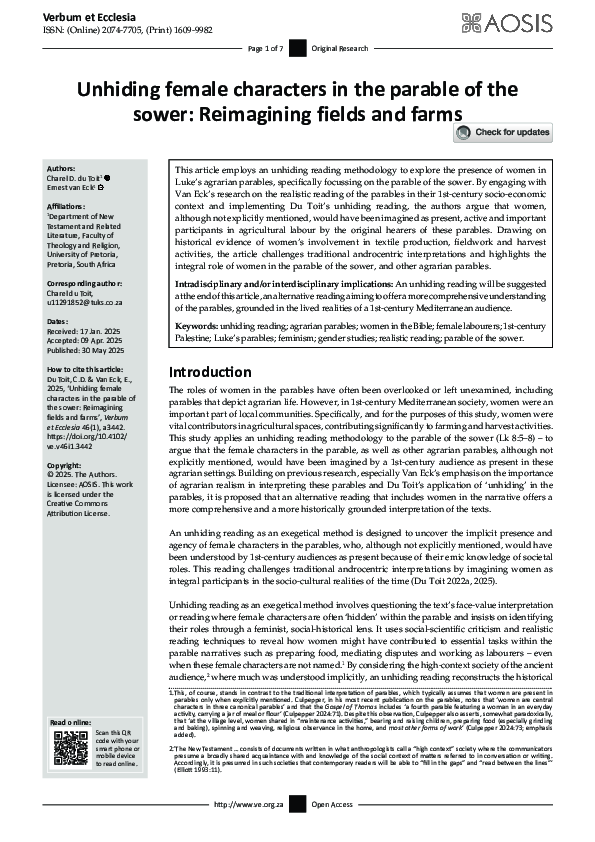 (PDF) Unhiding female characters in the parable of the sower ...