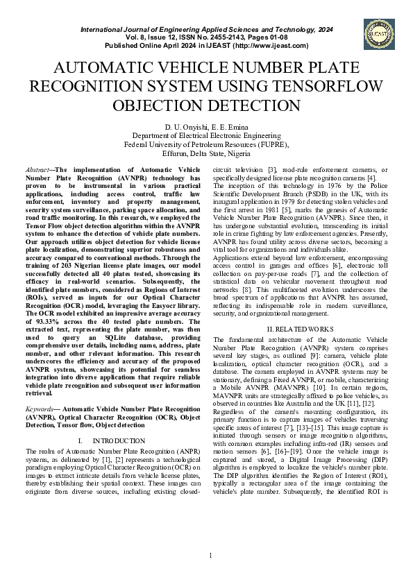 (PDF) AUTOMATIC VEHICLE NUMBER PLATE RECOGNITION SYSTEM USING TENSORFLOW OBJECTION DETECTION