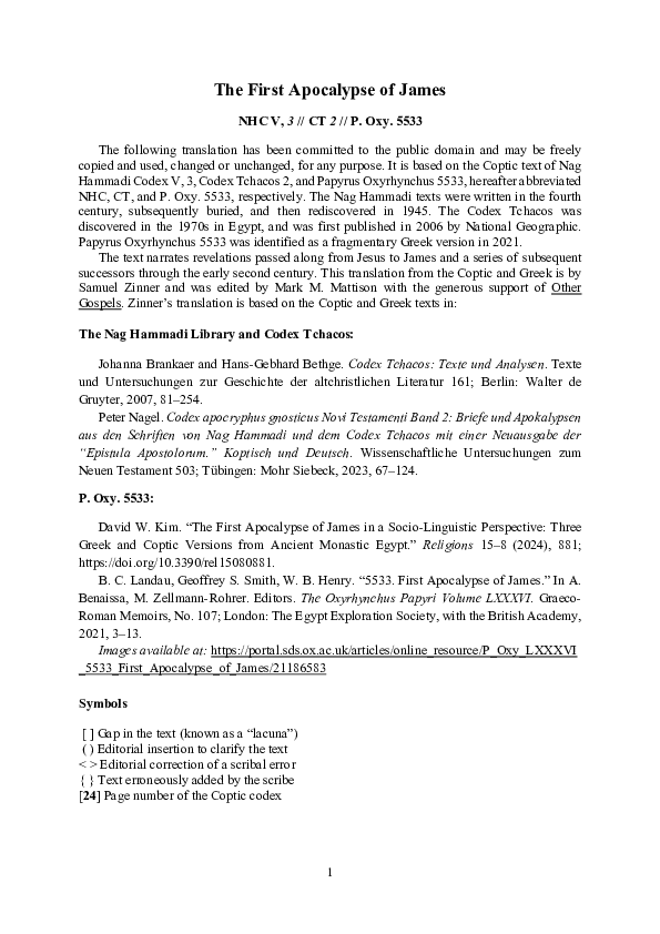 (PDF) The First Apocalypse of James (Translation and Notes by Samuel ...