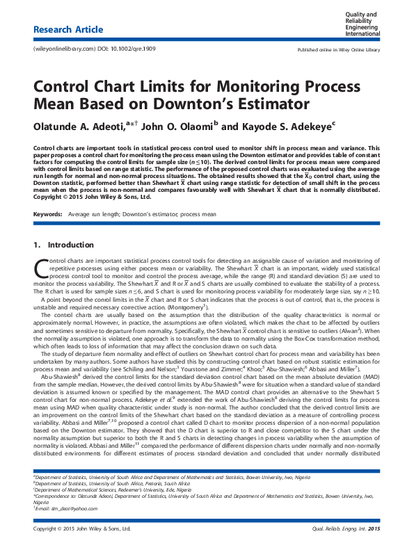 (PDF) Control Chart Limits for Monitoring Process Mean Based on Downton ...