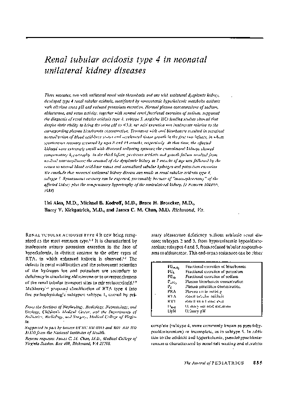 (PDF) Renal tubular acidosis type 4 in neonatalunilateral kidney diseases