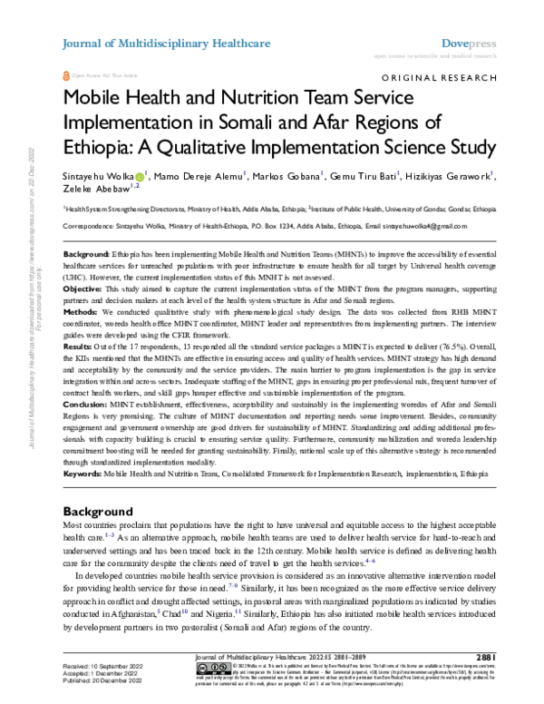 (PDF) Mobile Health and Nutrition Team Service Implementation in Somali and Afar Regions of ...