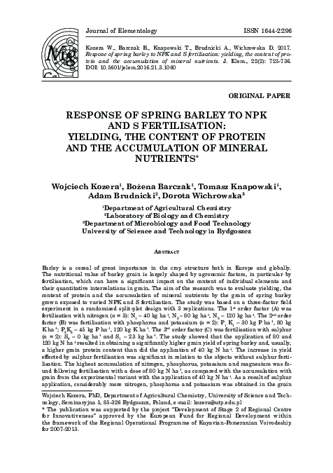 (PDF) Respone of spring barley to NPK and S fertilisation: yielding ...