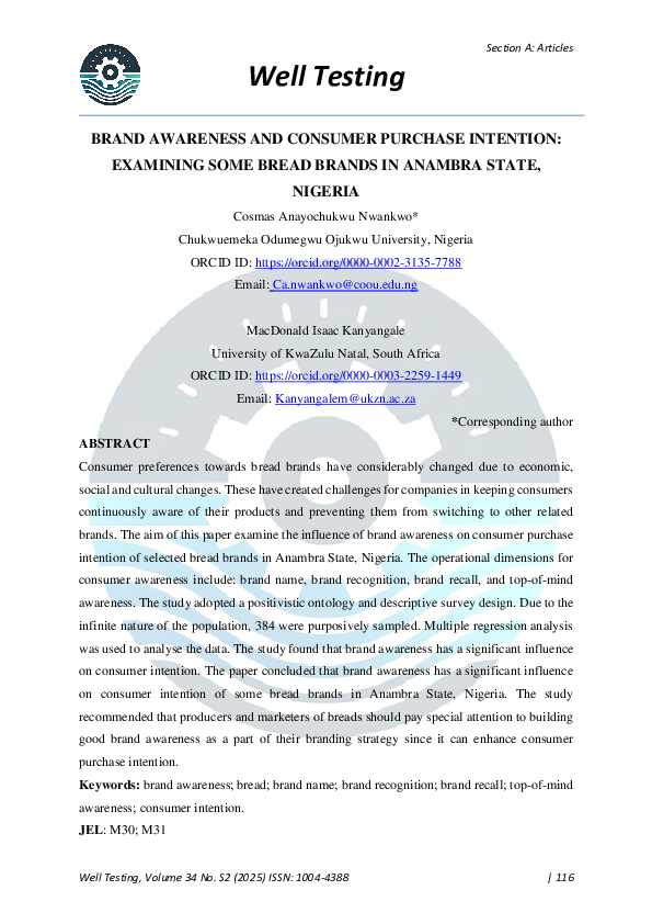 (PDF) BRAND AWARENESS AND CONSUMER PURCHASE INTENTION: EXAMINING SOME BREAD BRANDS IN ANAMBRA ...