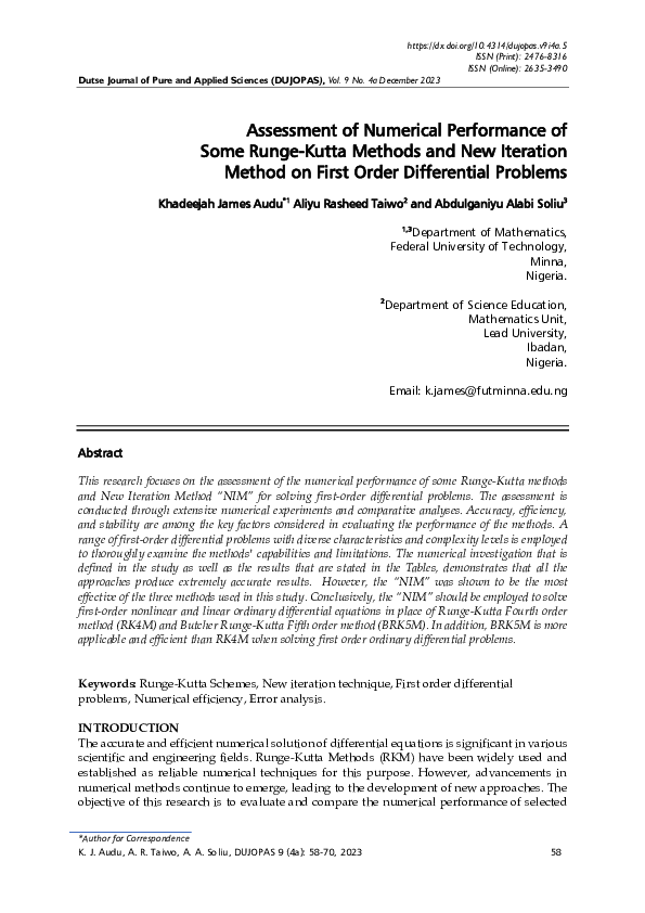 (PDF) Assessment of Numerical Performance of Some Runge-Kutta Methods and New Iteration Method ...