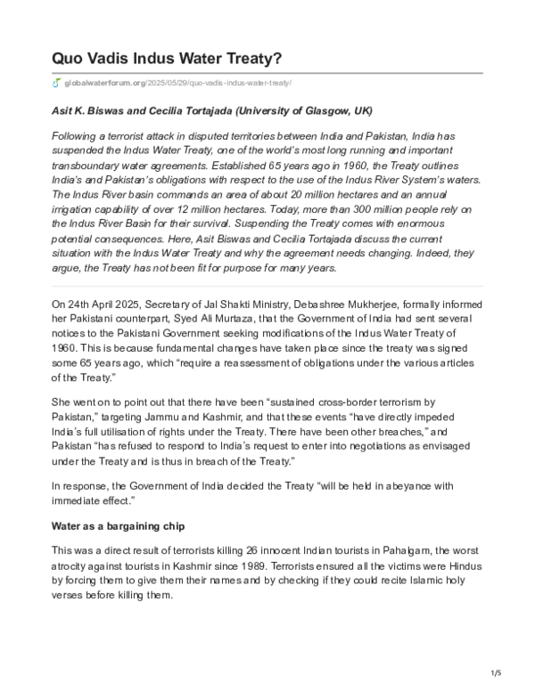 (PDF) Quo Vadis Indus Water Treaty?