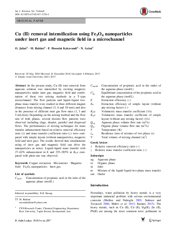 (PDF) Cu (II) removal intensification using Fe3O4 nanoparticles under ...