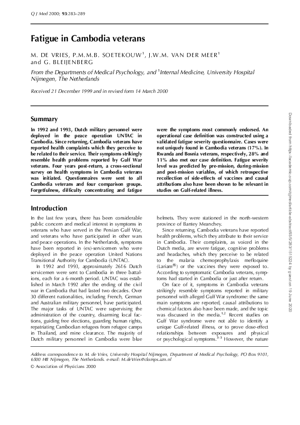 (PDF) Fatigue in Cambodia veterans