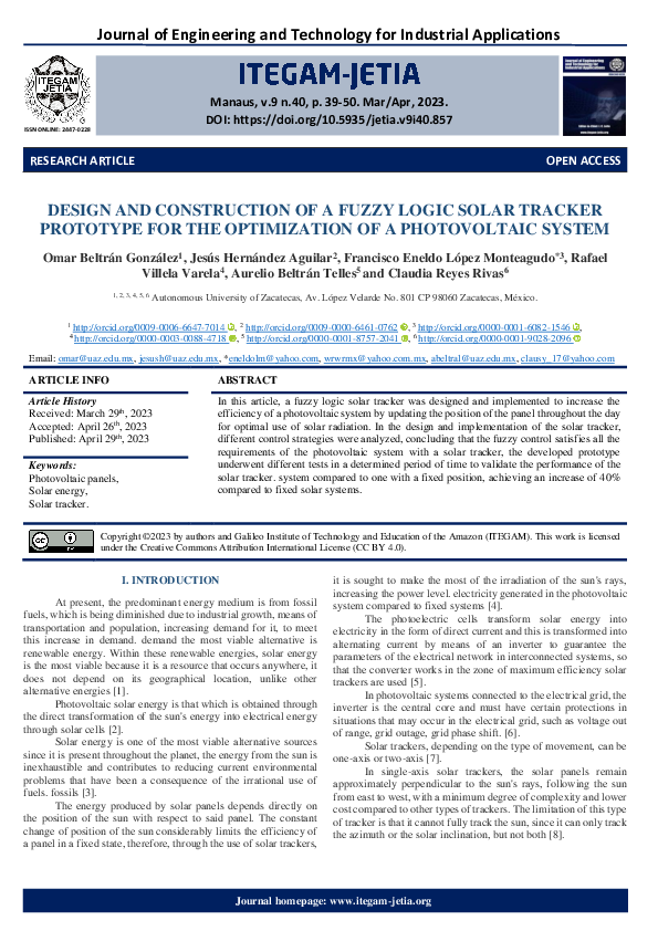 (PDF) Design and construction of a fuzzy logic solar tracker prototype for the optimization of a ...