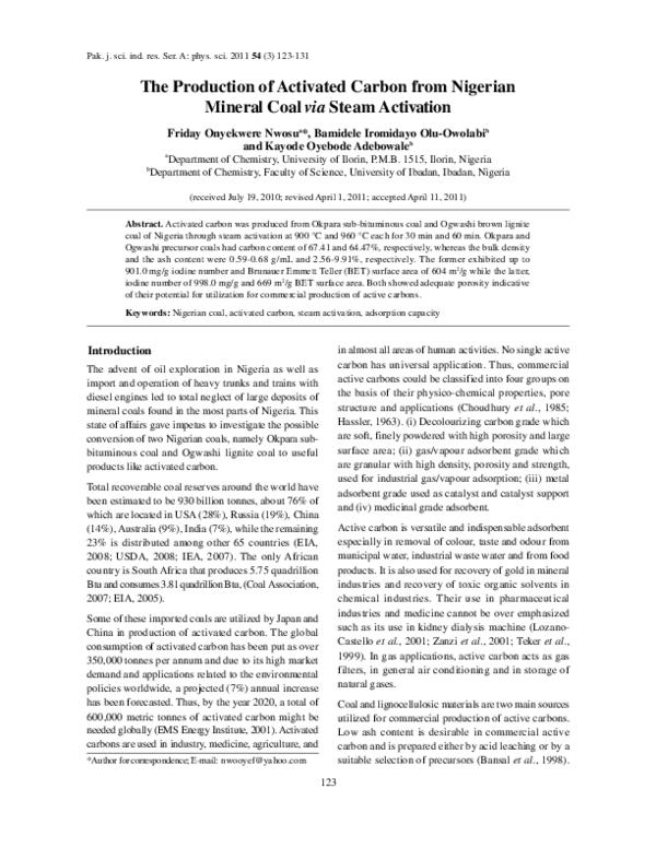 (PDF) The Production of Activated Carbon from Nigerian Mineral Coal via ...