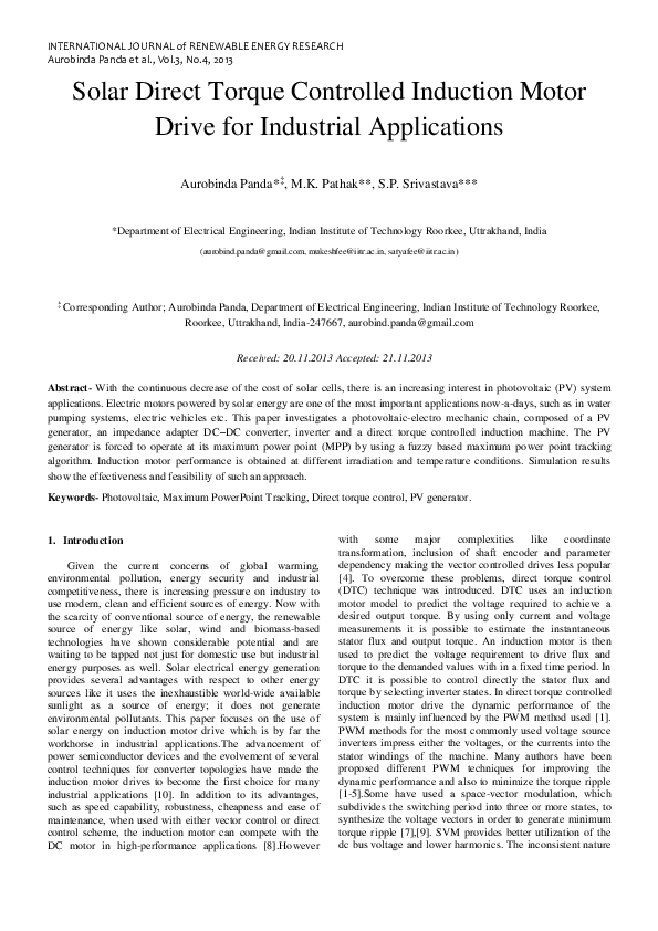 (PDF) Solar Direct Torque Controlled Induction Motor Drive for Industrial Applications