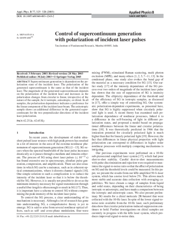 (PDF) Control of supercontinuum generation with polarization of incident laser pulses