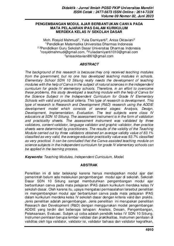 (PDF) Pengembangan Modul Ajar Berbantukan Canva Pada Mata Pelajaran Ipas Dalam Kurikulum Merdeka ...