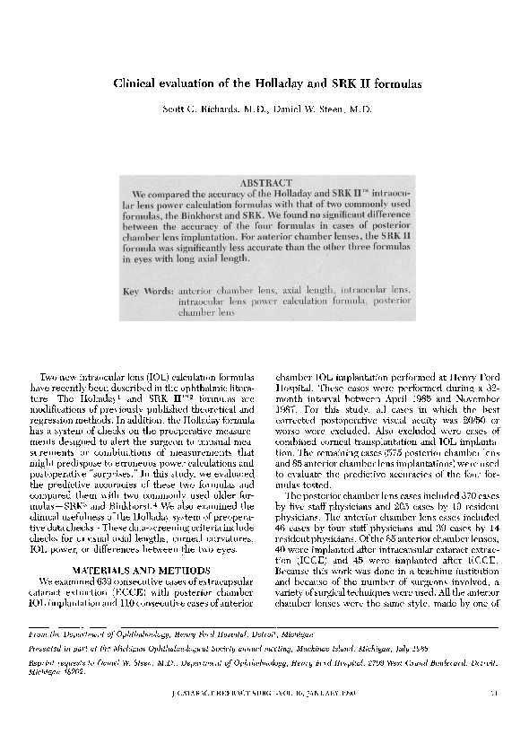 (PDF) Clinical evaluation of the Holladay and SRK II formulas