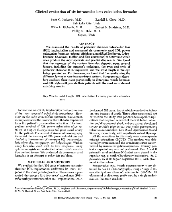 (PDF) Clinical evaluation of six intraocular lens calculation formulas