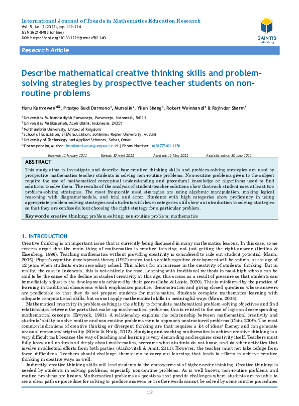 (PDF) Describe mathematical creative thinking skills and problem-solving strategies by ...