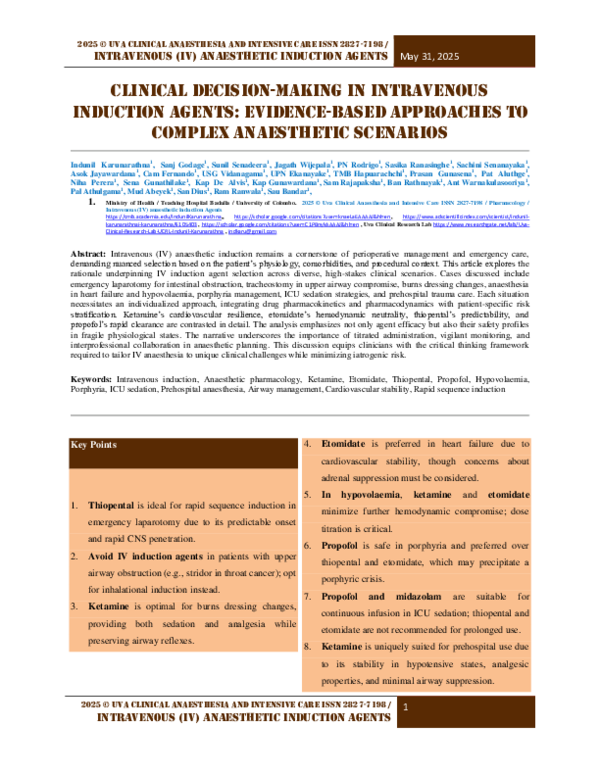 (PDF) Intravenous Induction Agents: Evidence-Based Approaches to Complex Anaesthetic Scenarios