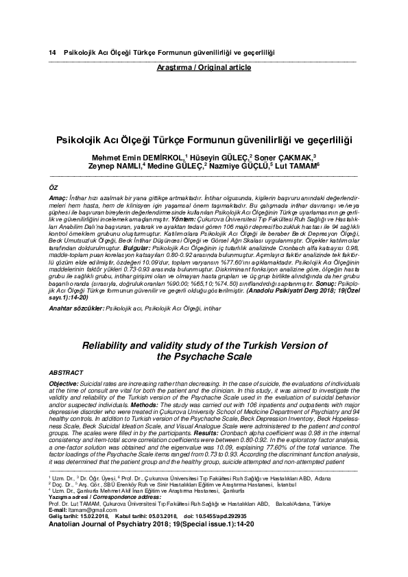 (PDF) Reliability and validity study of the Turkish Version of the ...