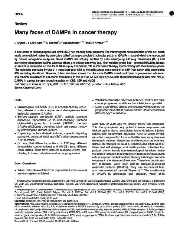 (PDF) Many faces of DAMPs in cancer therapy