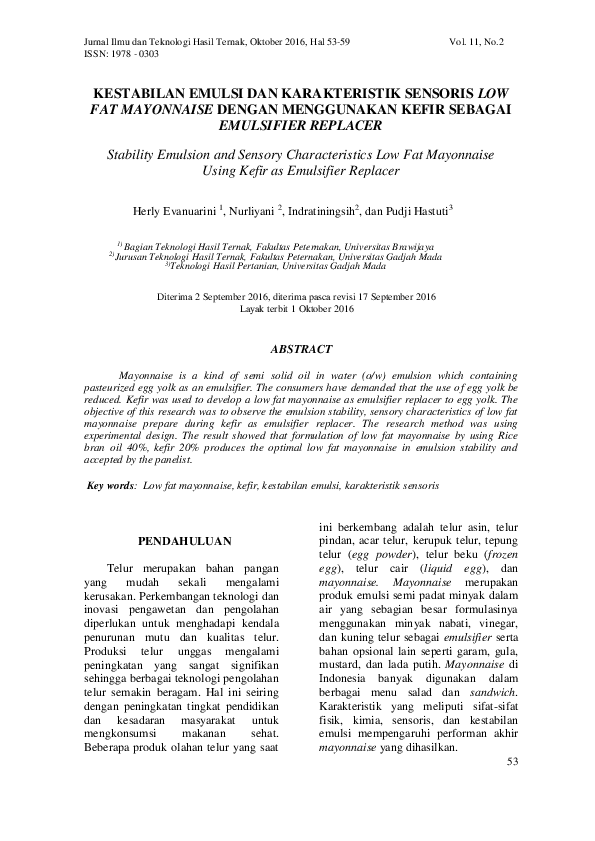 (PDF) Stability Emulsion and Sensory Characteristics Low Fat Mayonnaise ...