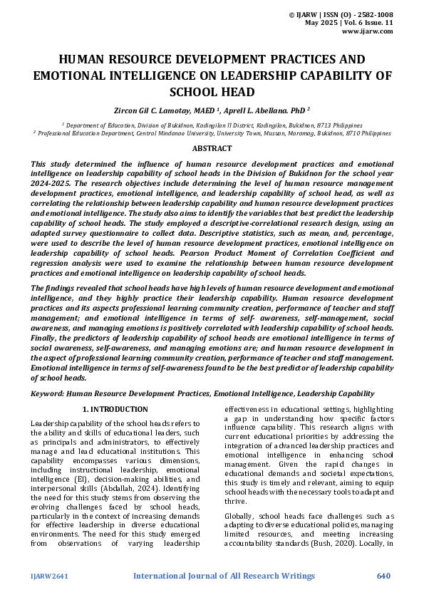 (PDF) HUMAN RESOURCE DEVELOPMENT PRACTICES AND EMOTIONAL INTELLIGENCE ON LEADERSHIP CAPABILITY ...