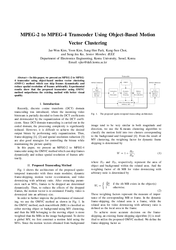 (PDF) MPEG-2 to MPEG-4 transcoder using object-based motion vector ...
