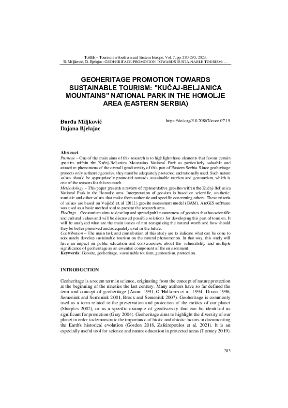 (PDF) Geoheritage Promotion Towards Sustainable Tourism: "Kučaj ...