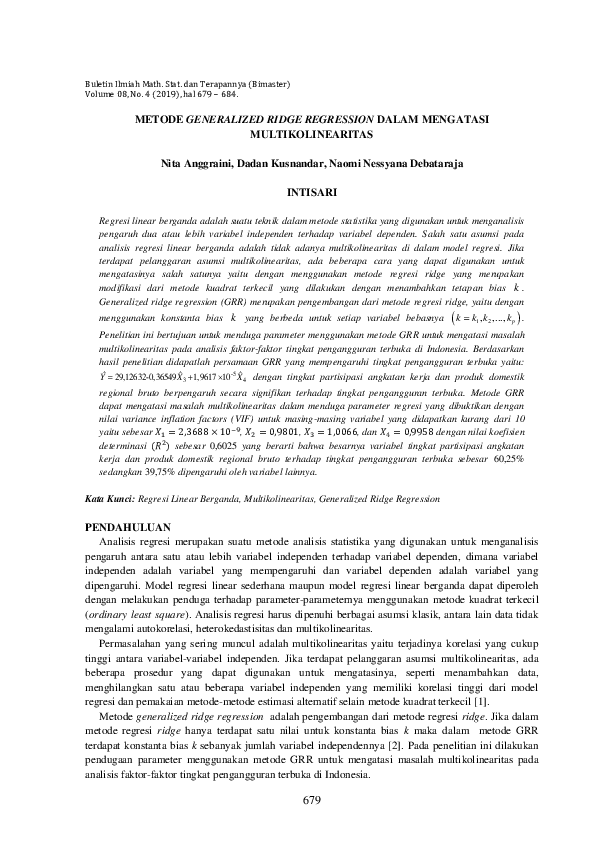 (PDF) Metode Generalized Ridge Regression Dalam Mengatasi Multikolinearitas