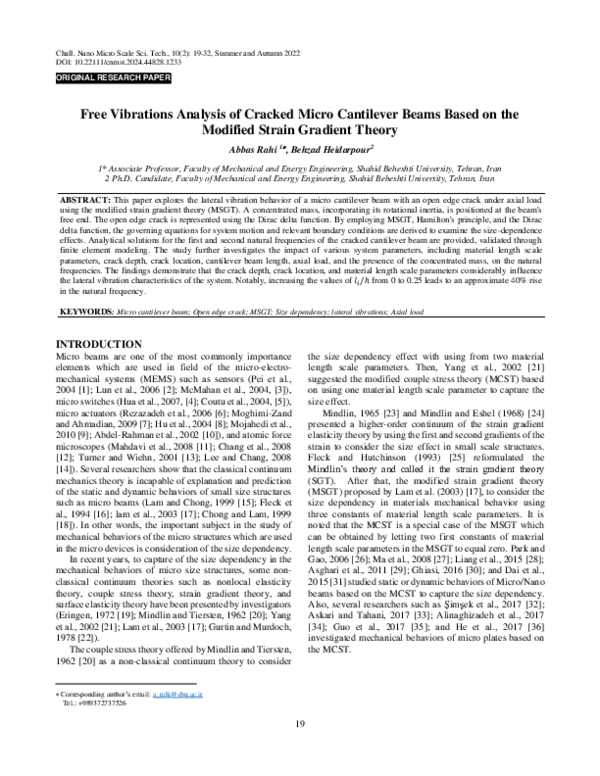 (PDF) Free Vibrations Analysis of Cracked Micro Cantilever Beams Based on the Modified Strain ...
