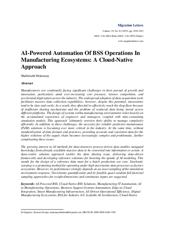 (PDF) AI-Powered Automation Of BSS Operations In Manufacturing Ecosystems: A Cloud-Native Approach