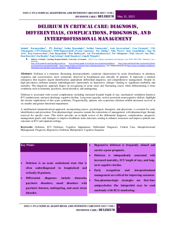 (PDF) Delirium in Critical Care Diagnosis, Differentials, Complications ...