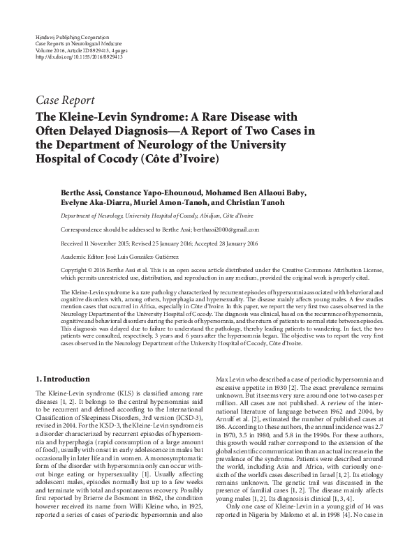 (PDF) The Kleine-Levin Syndrome: A Rare Disease with Often Delayed ...