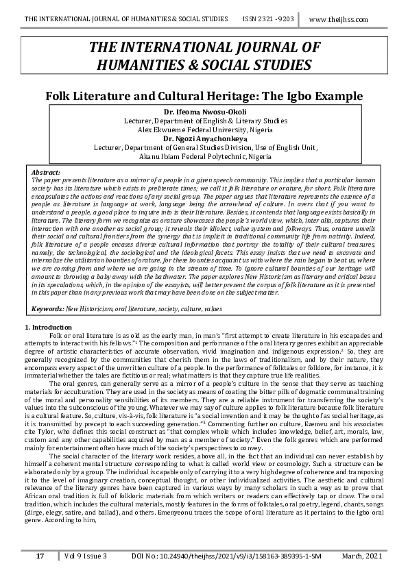 (PDF) Folk Literature and Cultural Heritage: The Igbo Example
