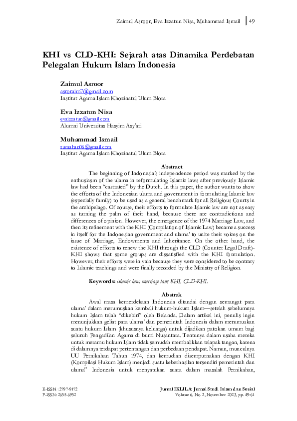 (PDF) KHI vis-a-vis CLD-KHI: Sejarah atas Dinamika Perdebatan Pelegalan Hukum Islam Indonesia
