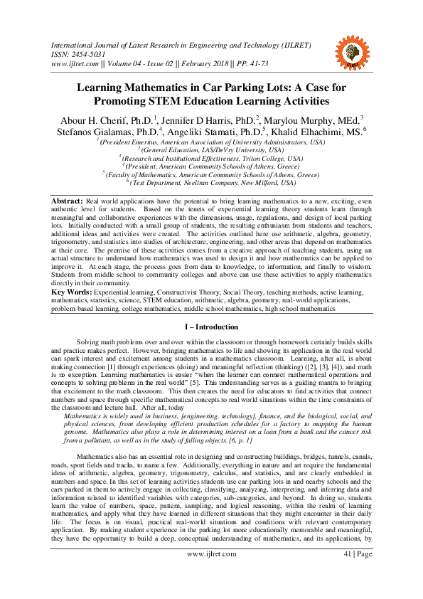 (PDF) Learning Mathematics in Car Parking Lots: A Case for Promoting ...