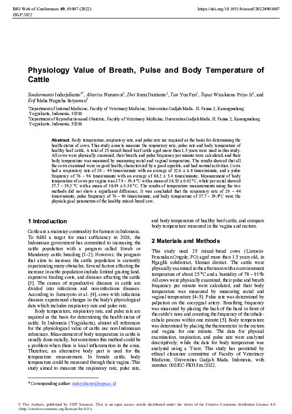 (PDF) Physiology Value of Breath, Pulse and Body Temperature of Cattle